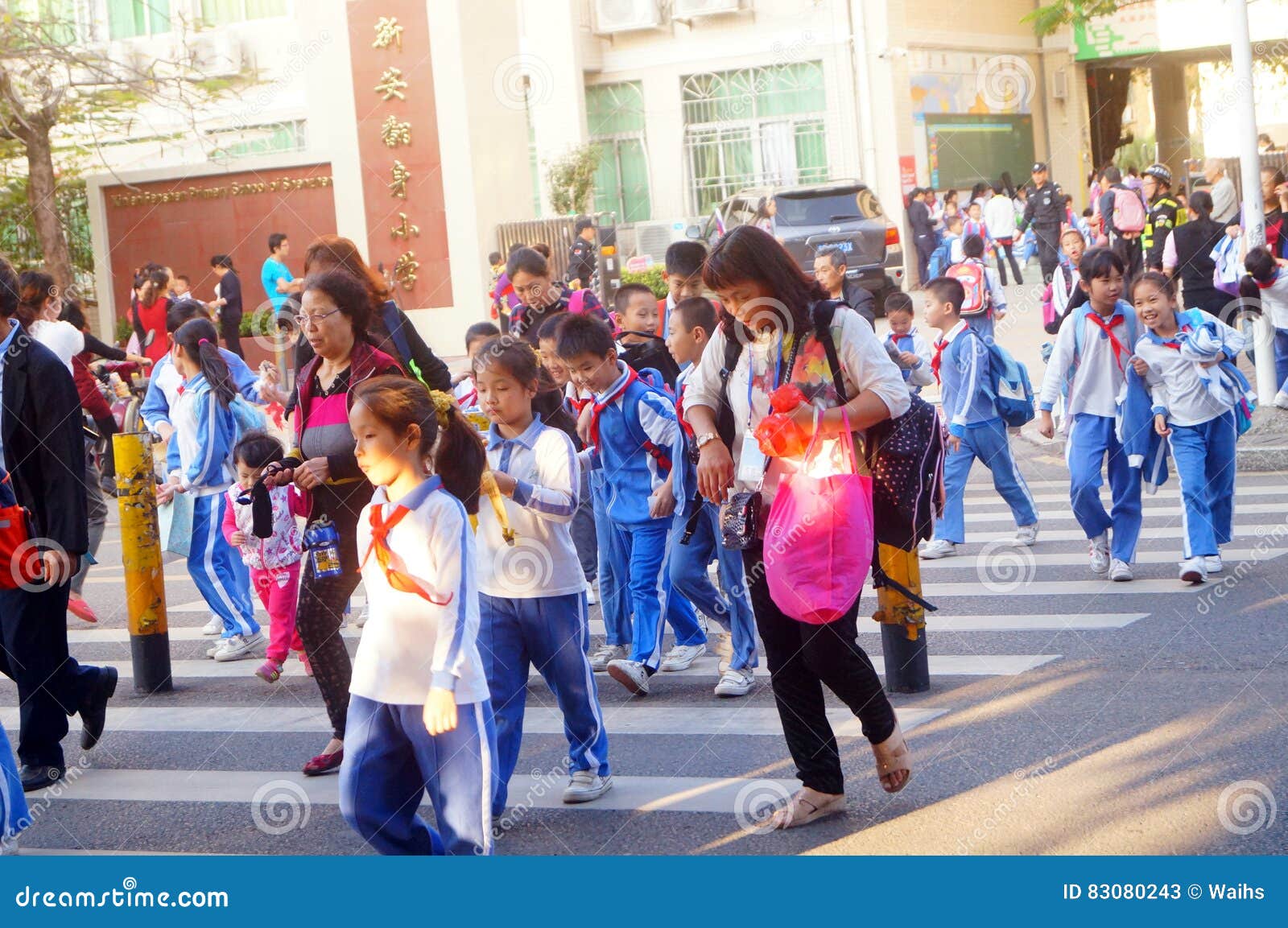 Chinese Students Home after School through Traffic Intersection ...