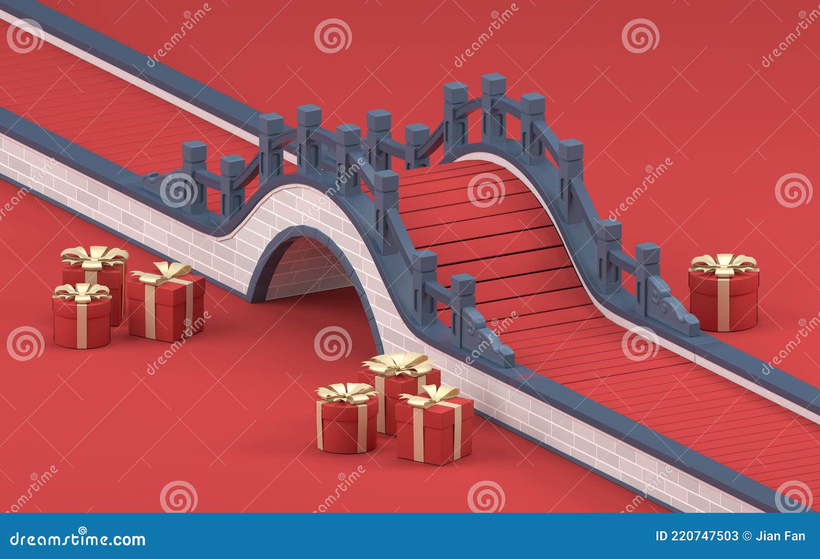 Chinese Style Bridge with Red Background, 3d Rendering Stock ...
