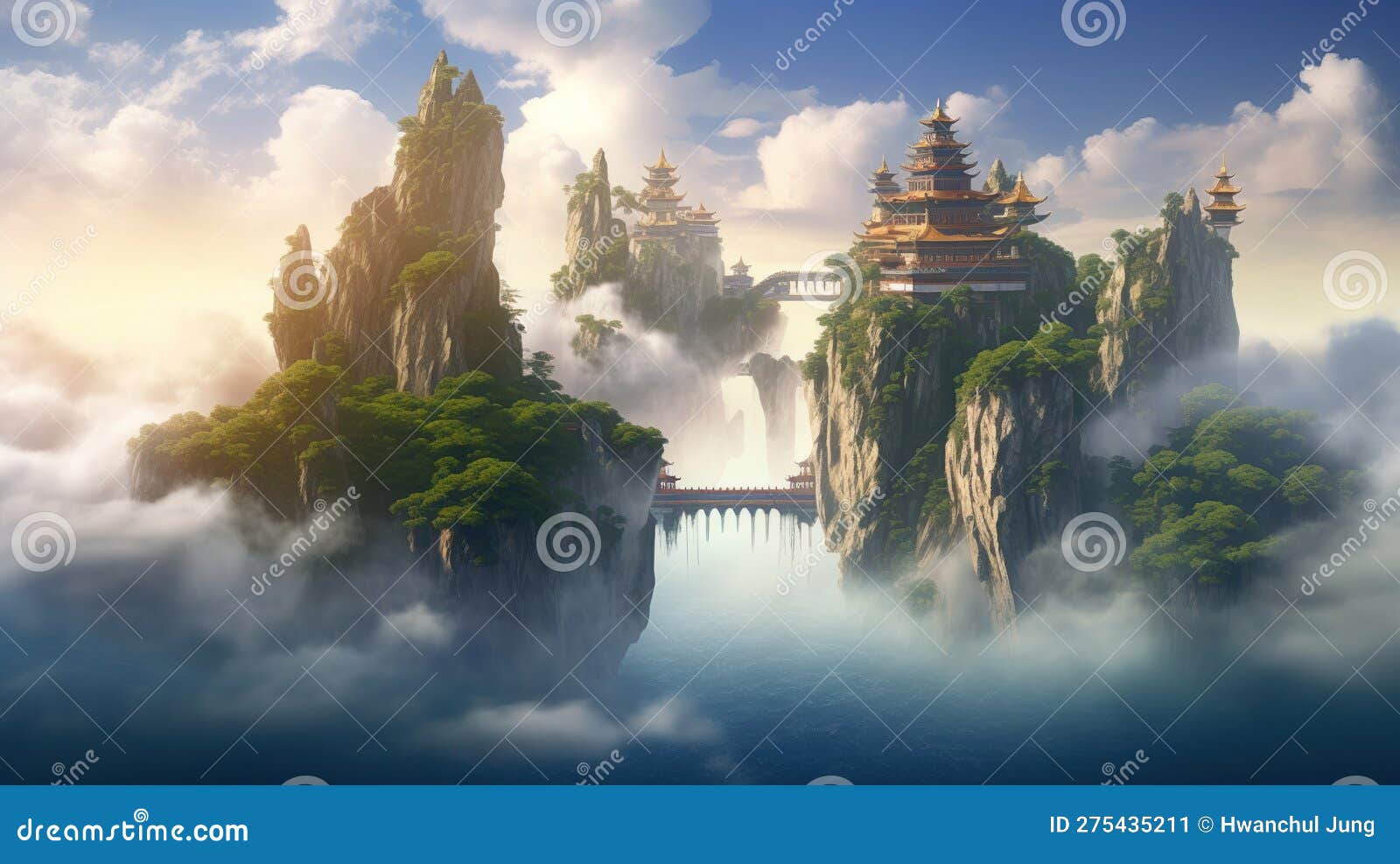 Chinese Style Fantasy Landscape Illustration Castle And Islands Floating In The Sky Generative