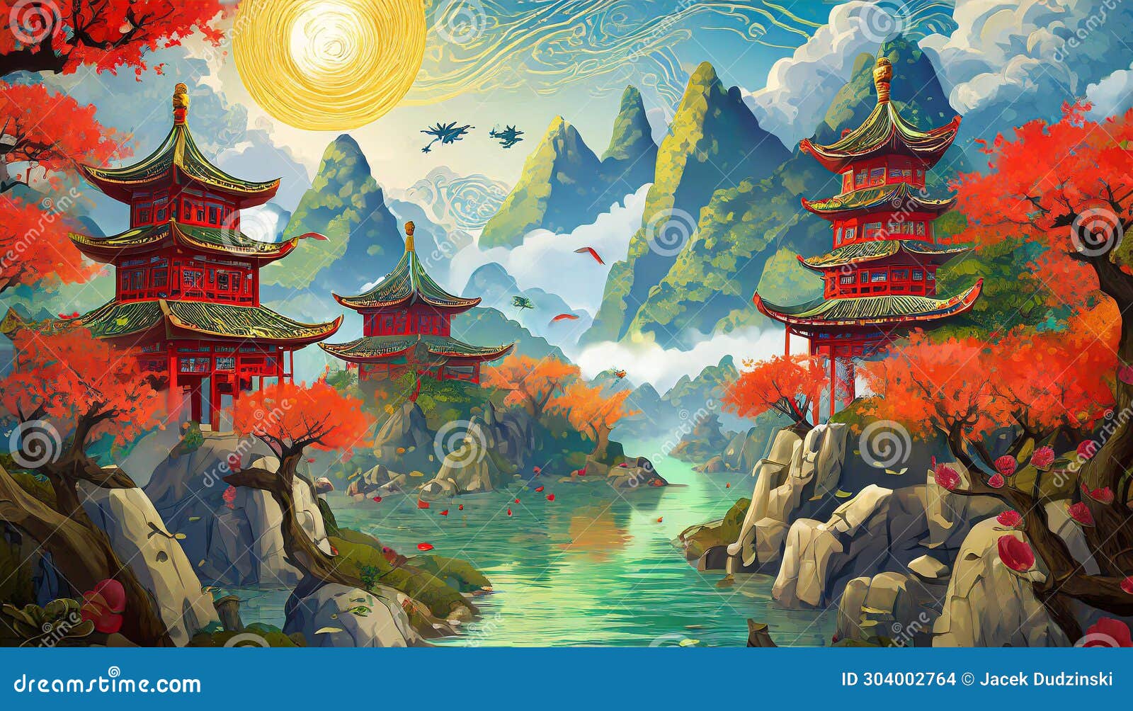 Chinese Style Fantasy Scenes Stock Illustration - Illustration of magic ...