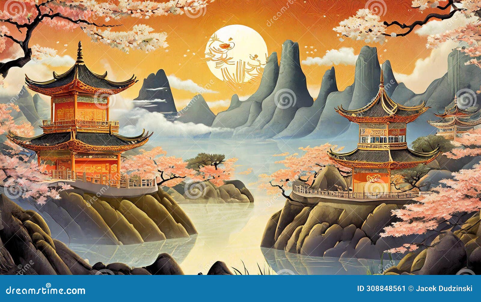 Chinese Style Fantasy Scenes Stock Illustration - Illustration of ...