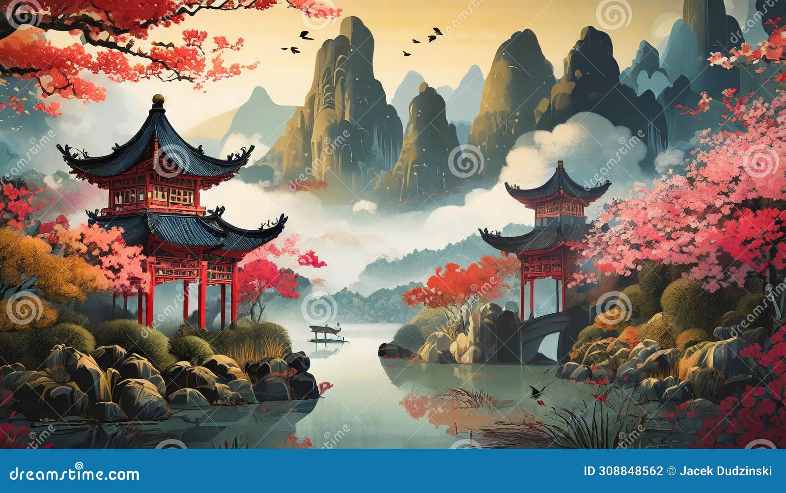 Chinese Style Fantasy Scenes Stock Illustration - Illustration of ...