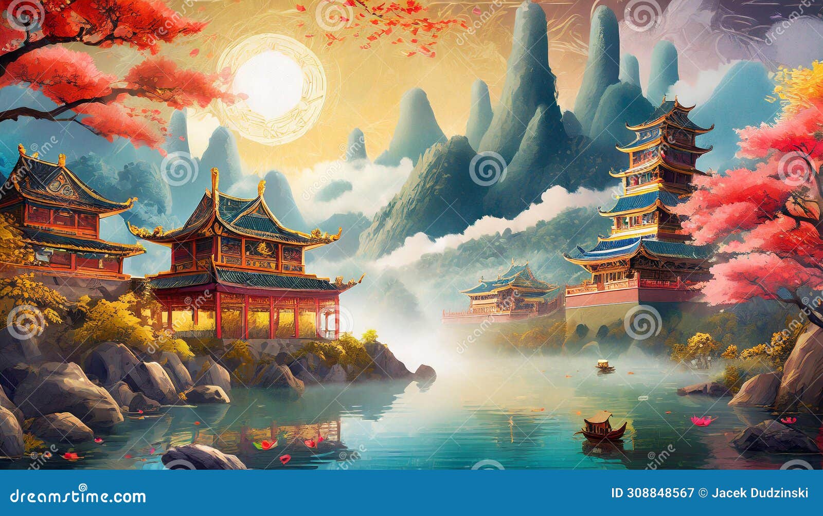 Chinese Style Fantasy Scenes Stock Illustration - Illustration of ...