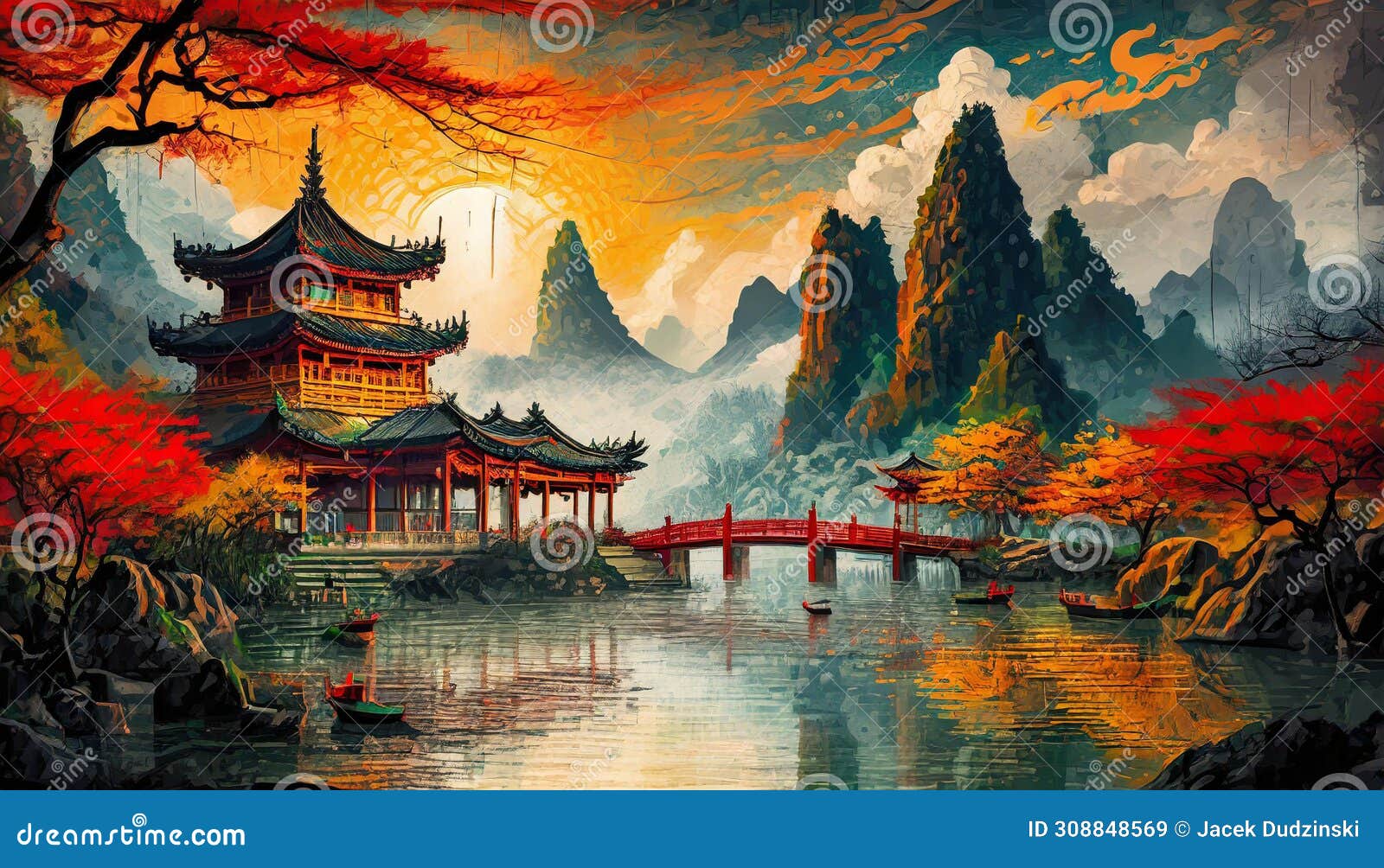Chinese Style Fantasy Scenes Stock Illustration - Illustration of paint ...