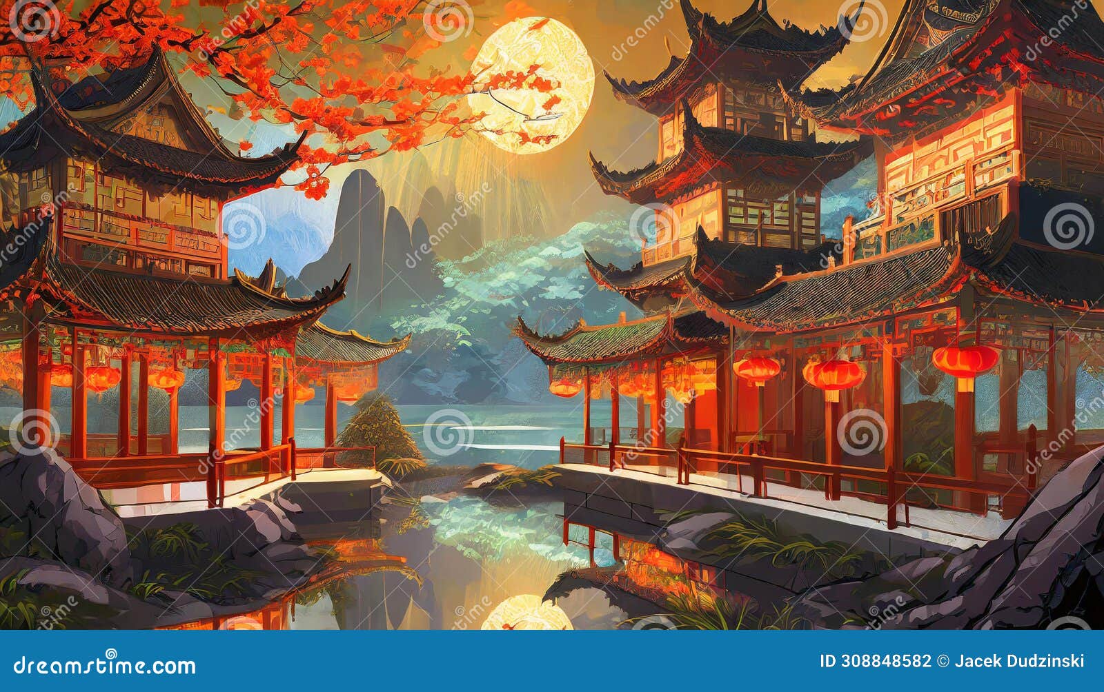 Chinese Style Fantasy Scenes Stock Illustration - Illustration of ...
