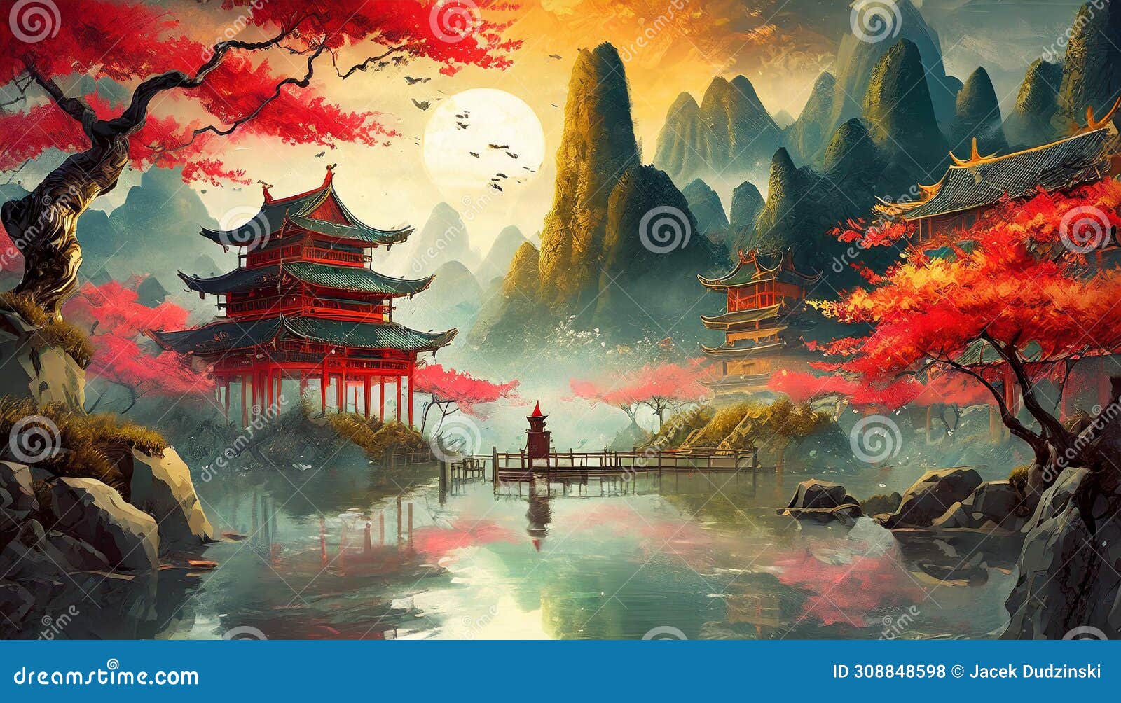 Chinese Style Fantasy Scenes Stock Illustration - Illustration of ...