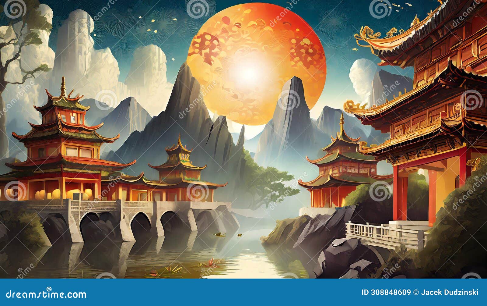 Chinese Style Fantasy Scenes Stock Illustration - Illustration of ...
