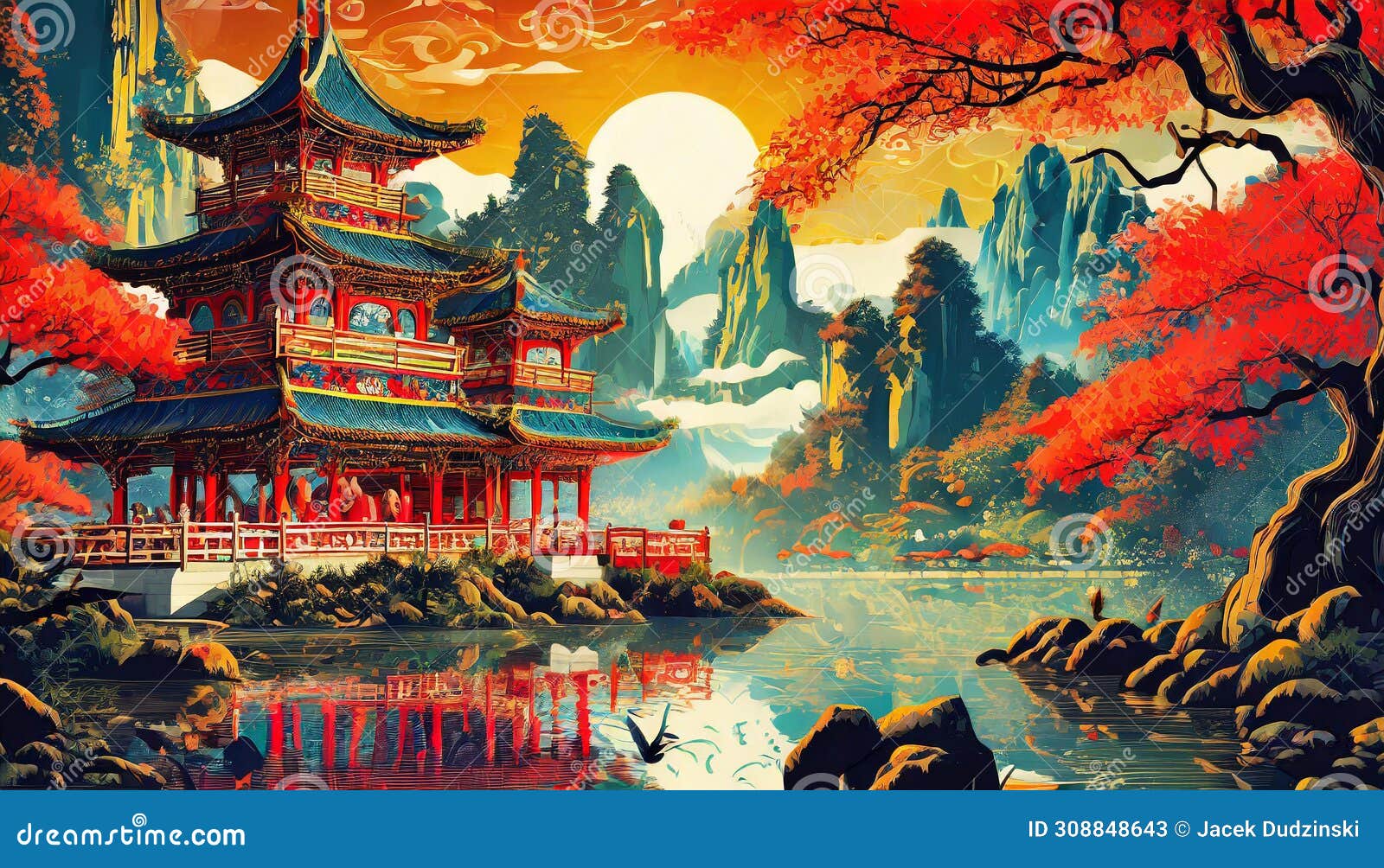 Chinese Style Fantasy Scenes Stock Illustration - Illustration of ...