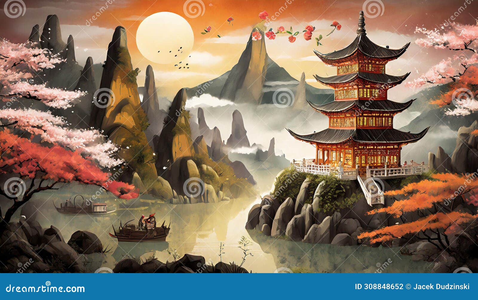 Chinese Style Fantasy Scenes Stock Illustration - Illustration of ...