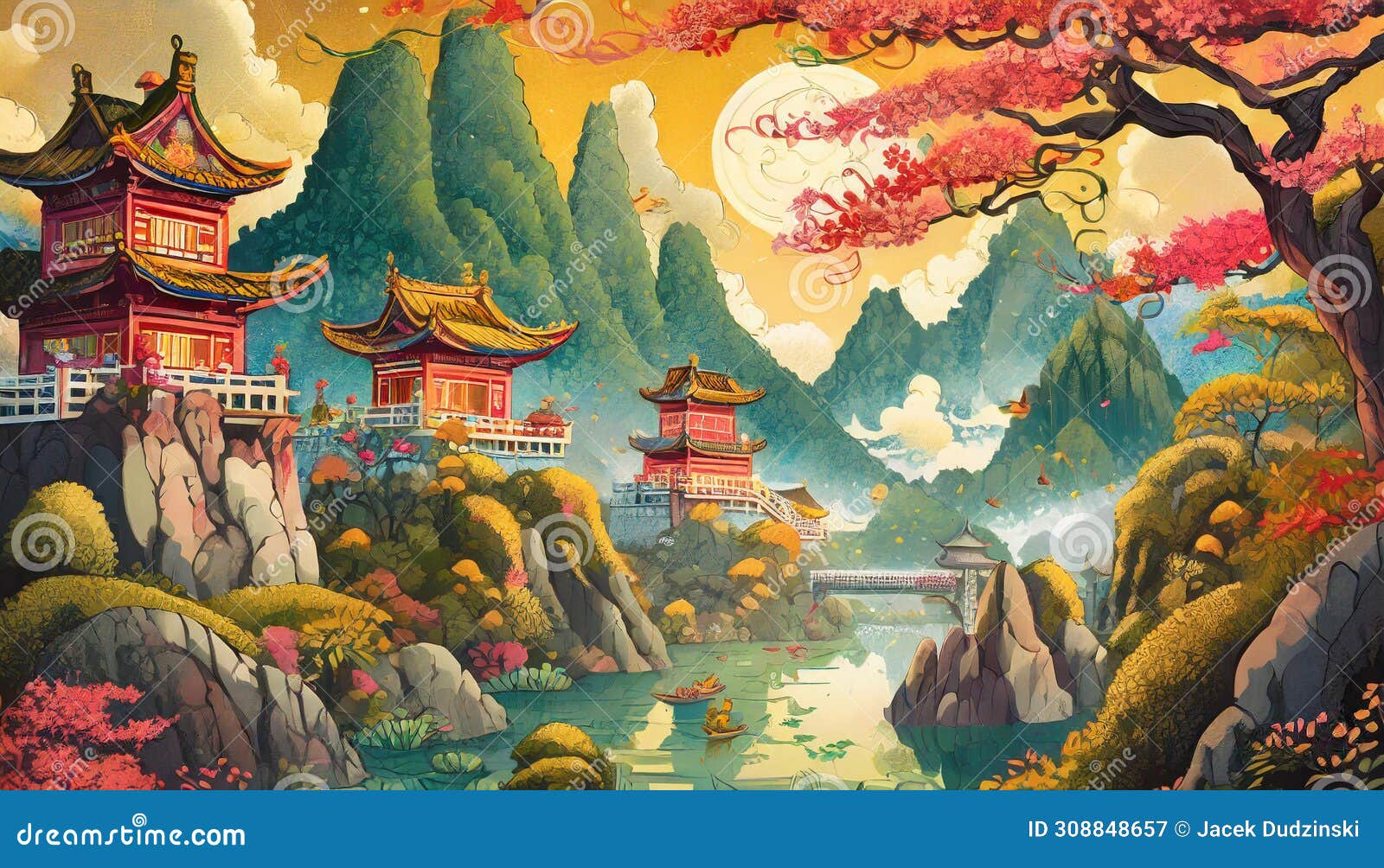 Chinese Style Fantasy Scenes Stock Illustration - Illustration of paint ...