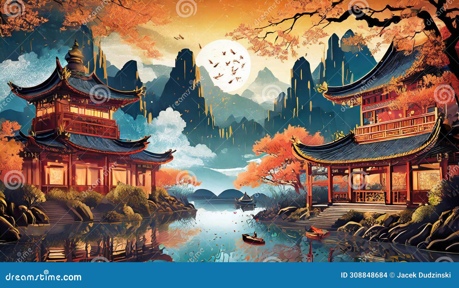 Chinese Style Fantasy Scenes Stock Illustration - Illustration of ...