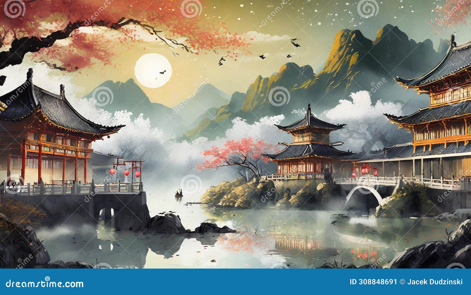 Chinese Style Fantasy Scenes Stock Illustration - Illustration of ...