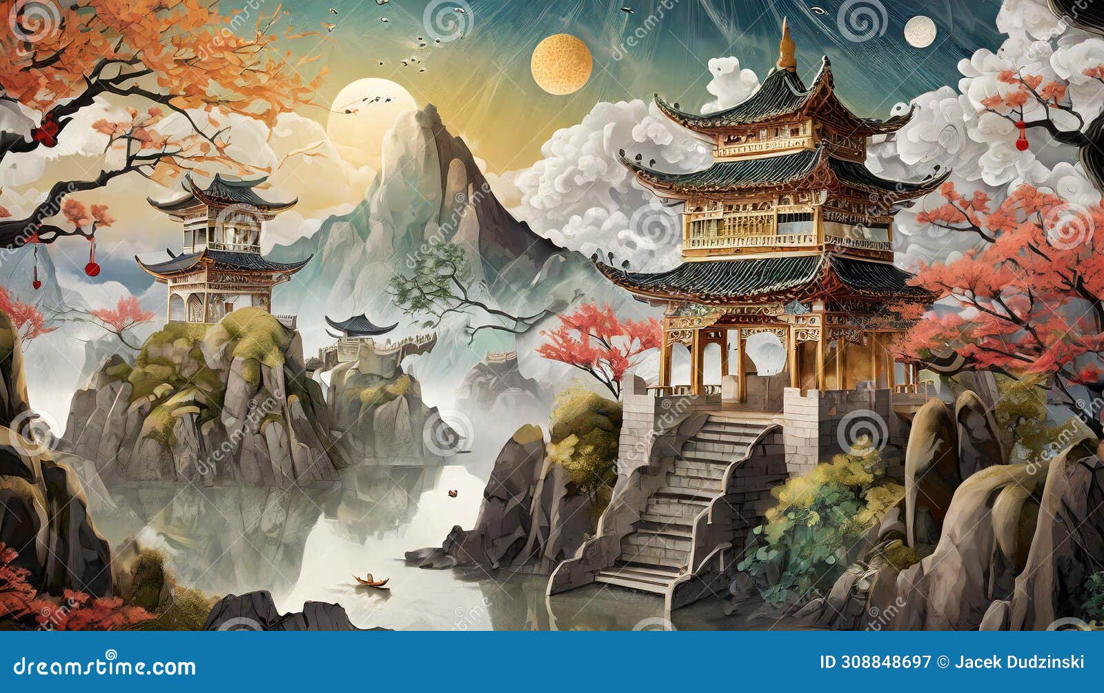 Chinese Style Fantasy Scenes Stock Illustration - Illustration of paint ...