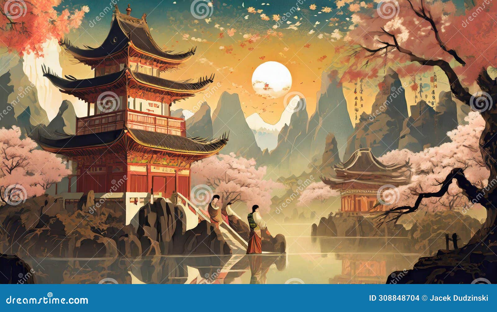 Chinese Style Fantasy Scenes Stock Illustration - Illustration of ...