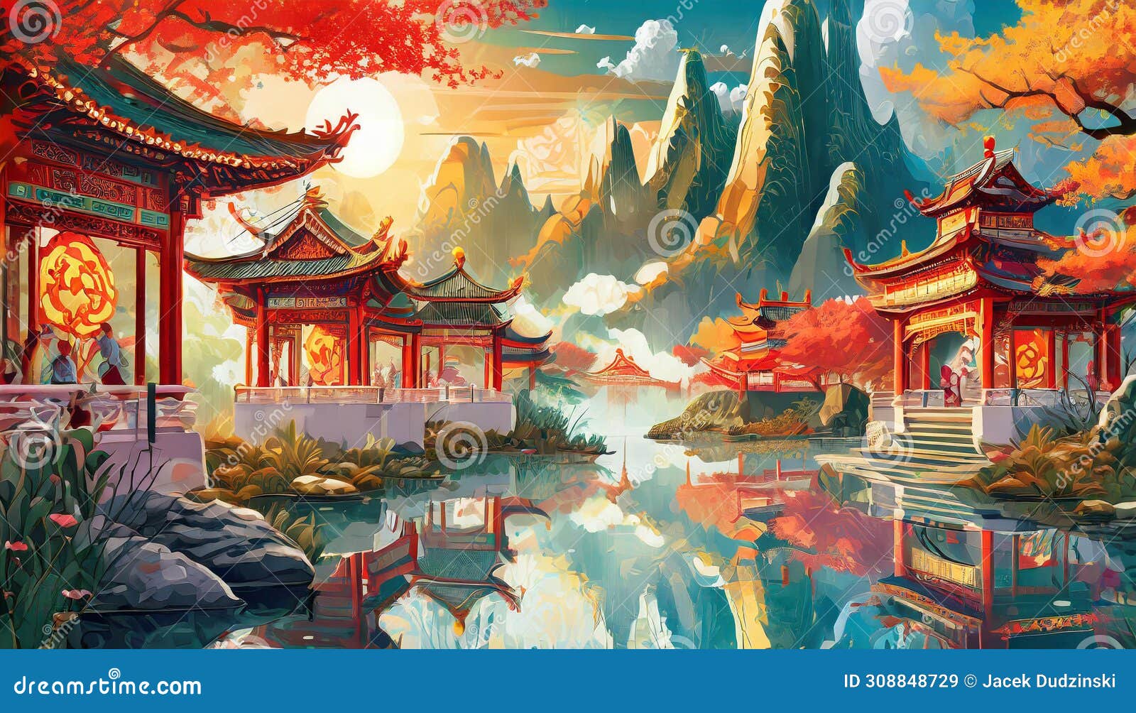 Chinese Style Fantasy Scenes Stock Illustration - Illustration of scene ...