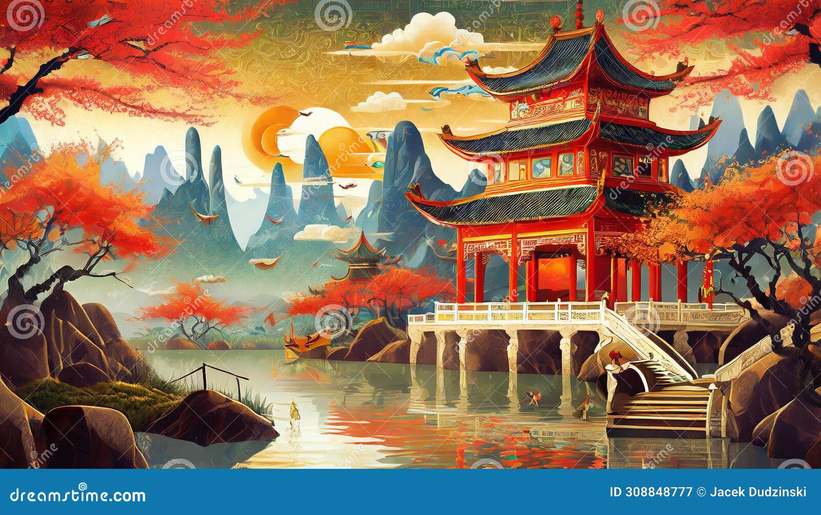 Chinese Style Fantasy Scenes Stock Illustration - Illustration of ...