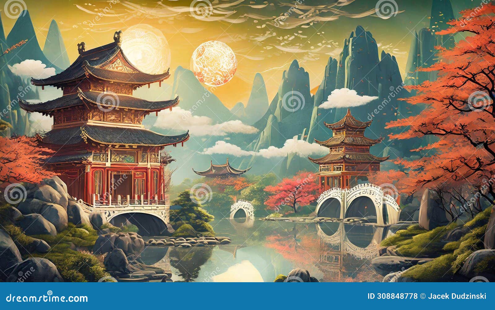 Chinese Style Fantasy Scenes Stock Illustration - Illustration of story ...