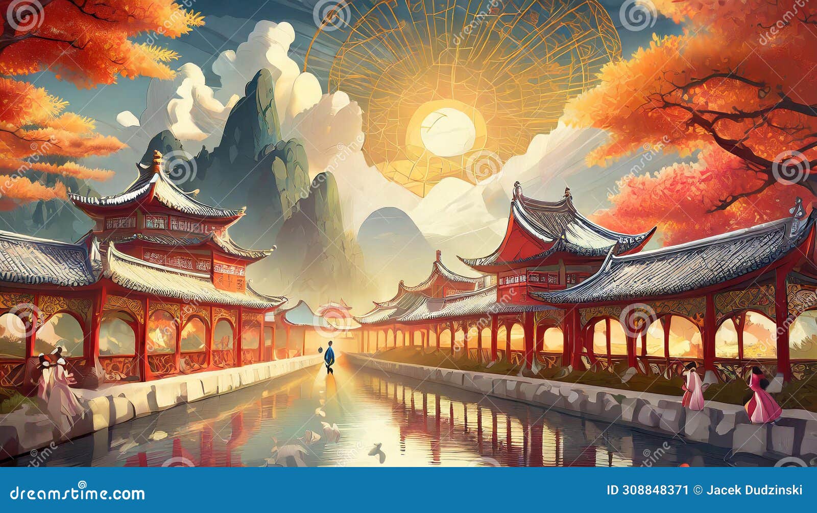 Chinese Style Fantasy Scenes People Walking Stock Illustration ...