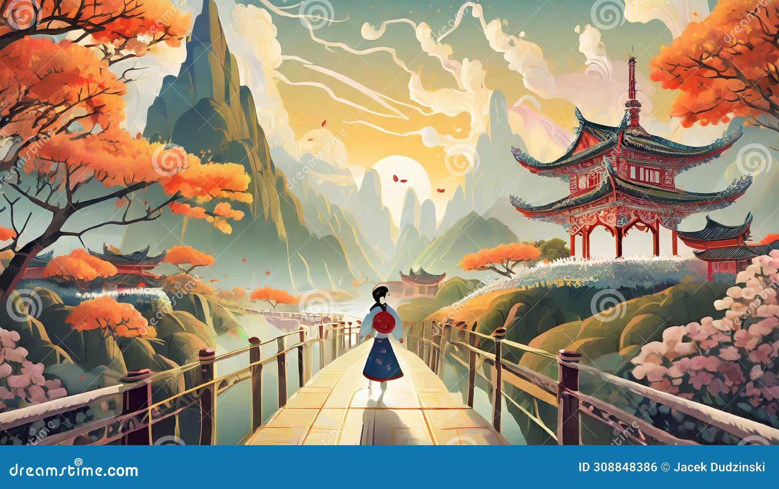 Chinese Style Fantasy Scenes People Walking Stock Illustration ...