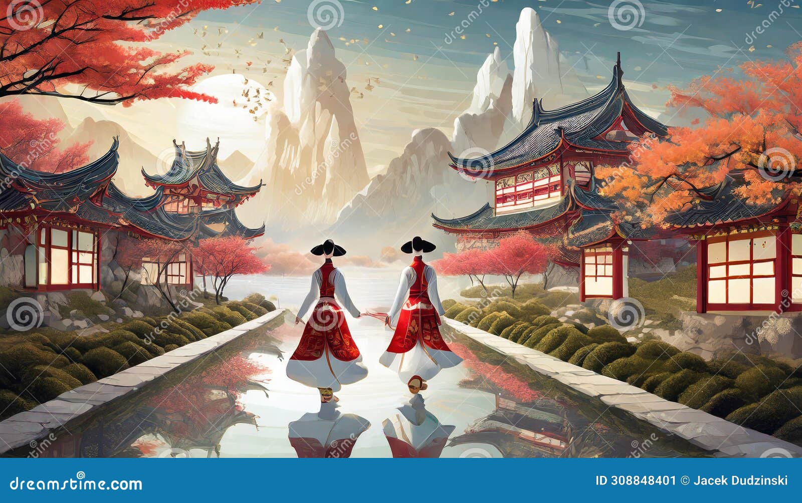 Chinese Style Fantasy Scenes People Walking Stock Illustration ...