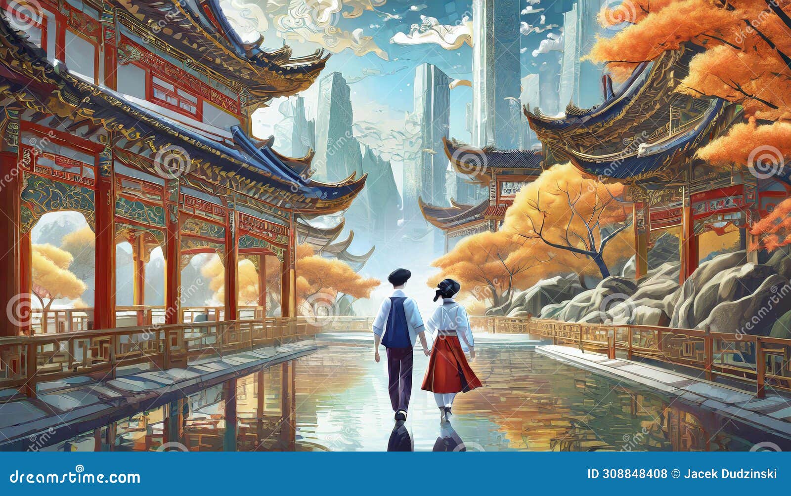 Chinese Style Fantasy Scenes People Walking Stock Illustration ...