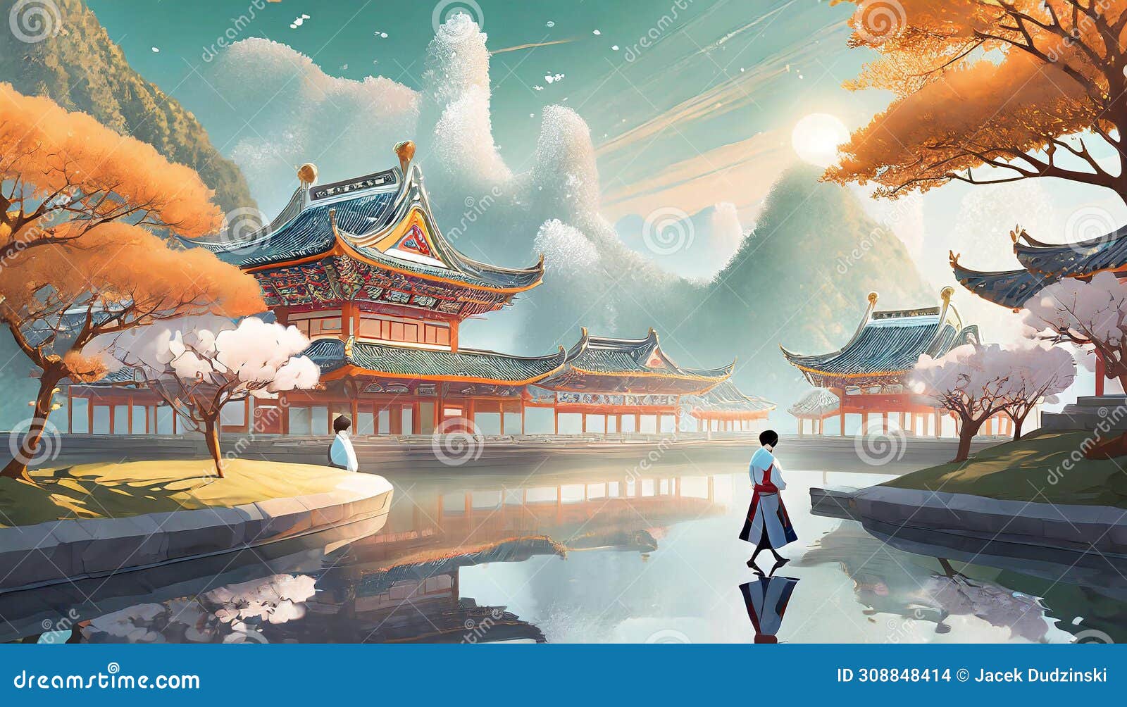 Chinese Style Fantasy Scenes People Walking Stock Illustration ...