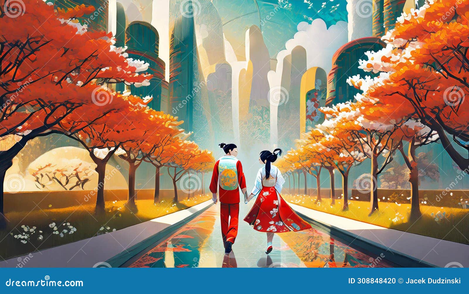 Chinese Style Fantasy Scenes People Walking Stock Illustration ...