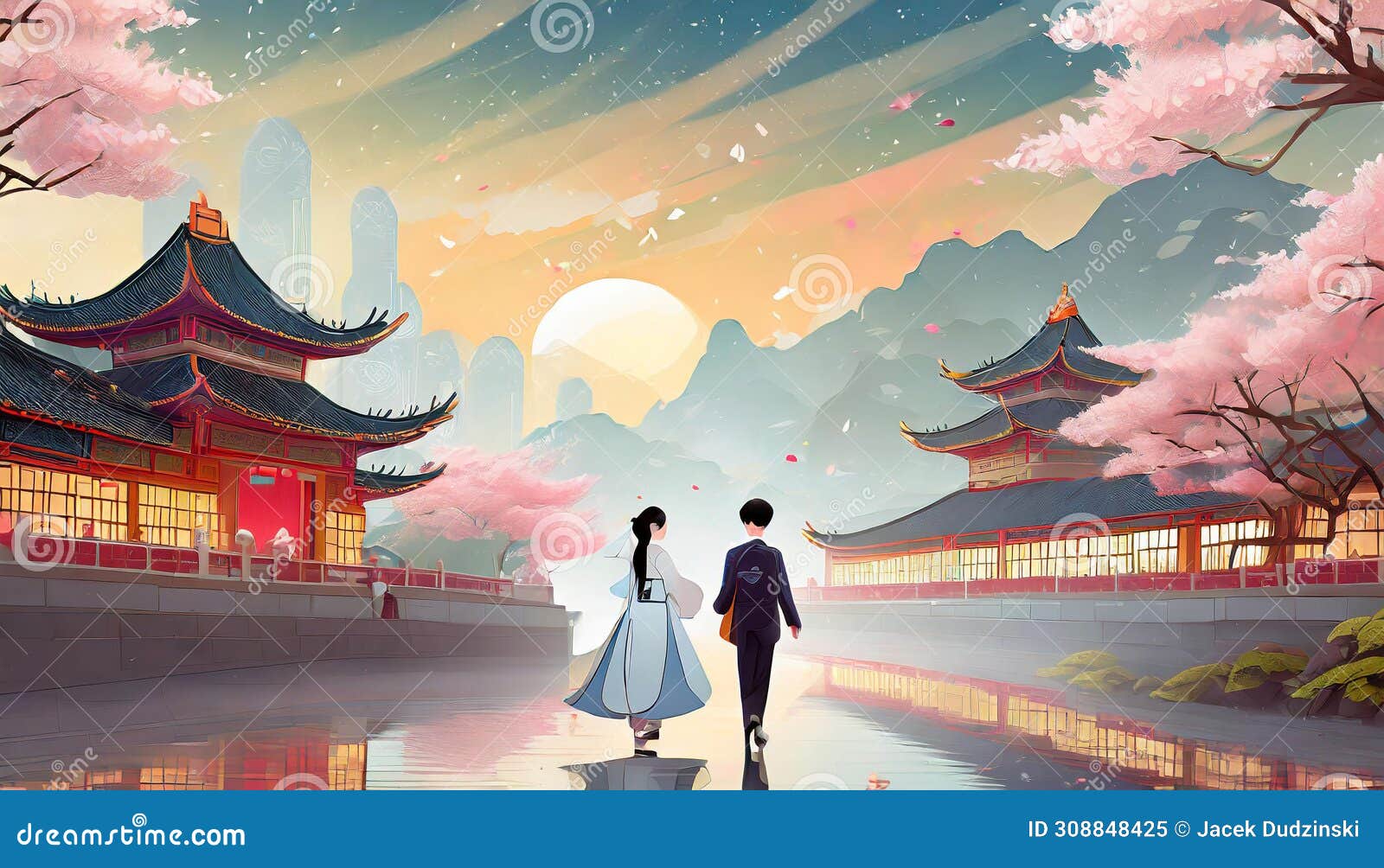 Chinese Style Fantasy Scenes People Walking Stock Illustration ...