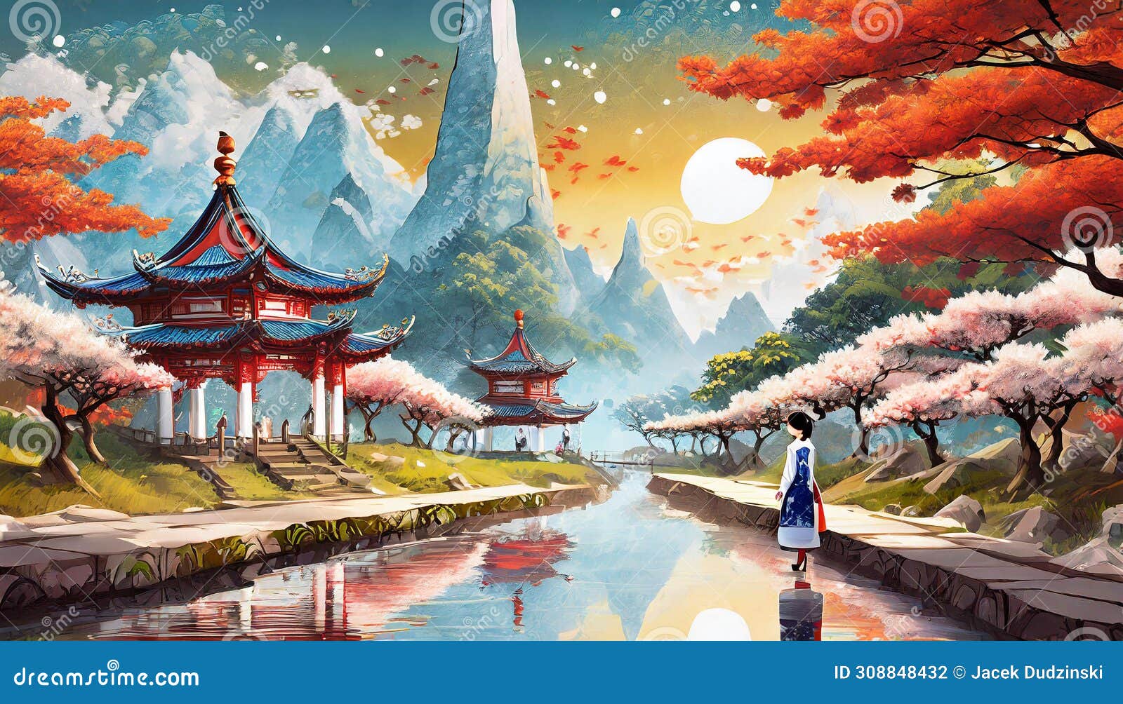 Chinese Style Fantasy Scenes People Walking Stock Illustration ...
