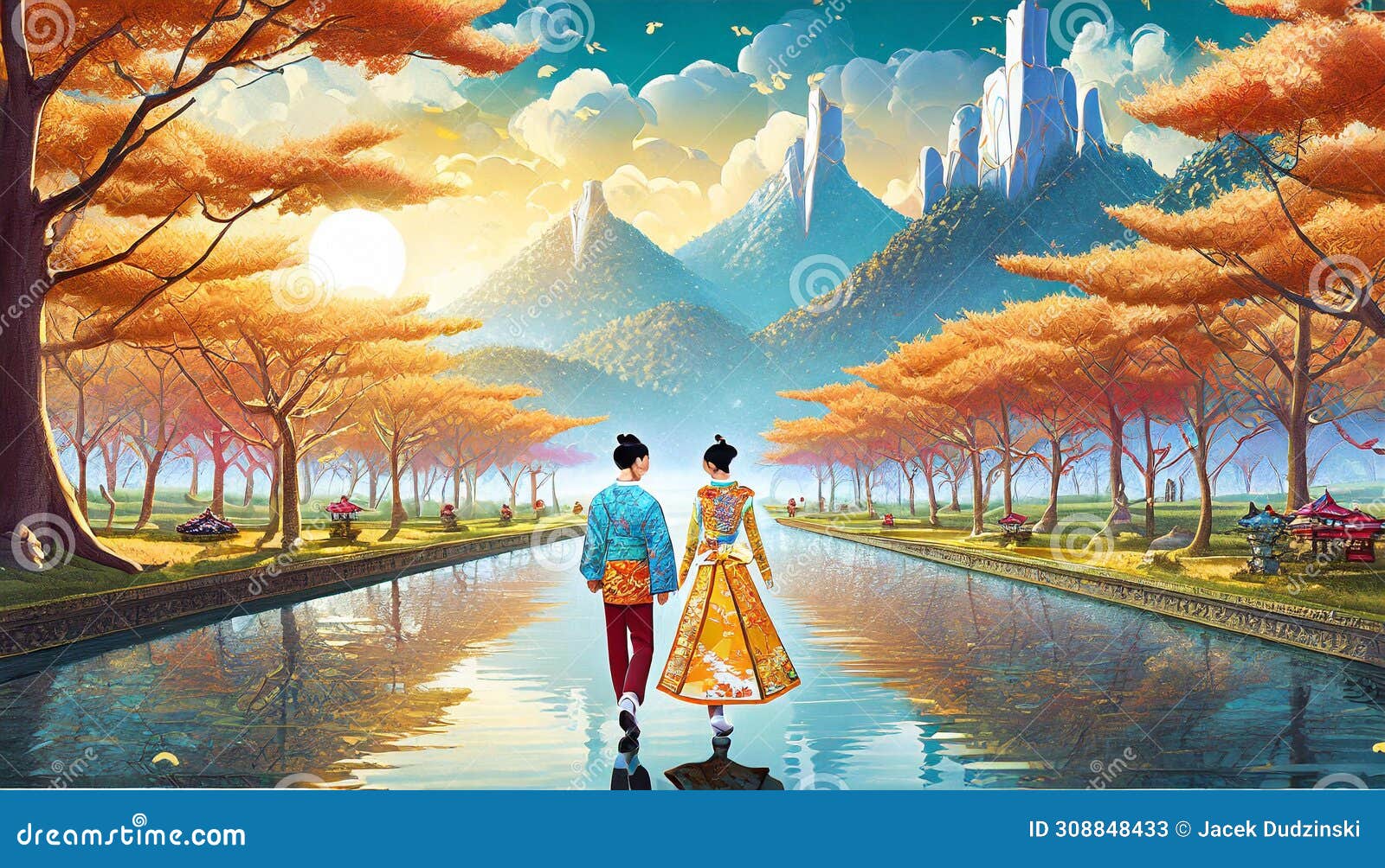 Chinese Style Fantasy Scenes People Walking Stock Illustration ...