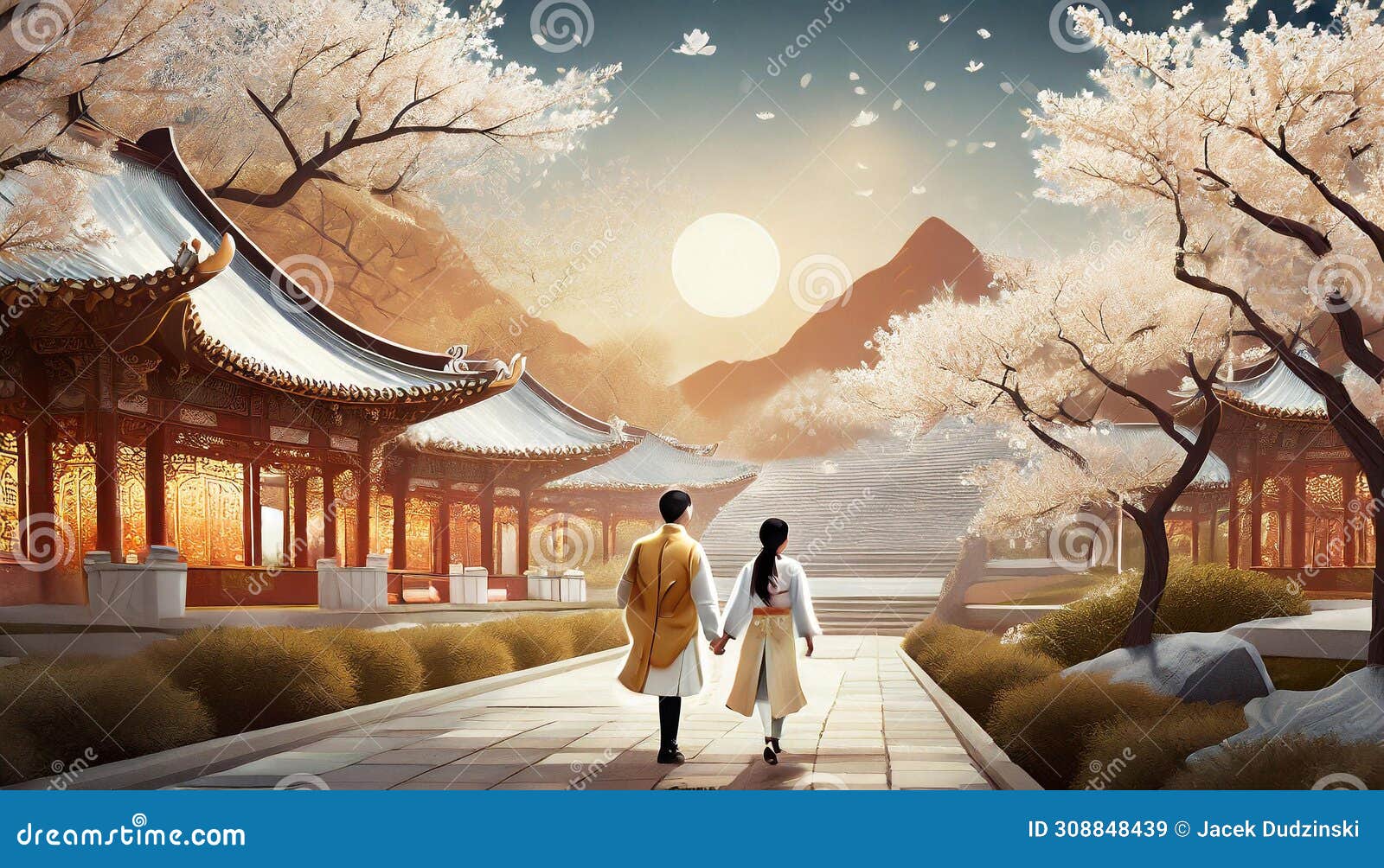 Chinese Style Fantasy Scenes People Walking Stock Illustration ...