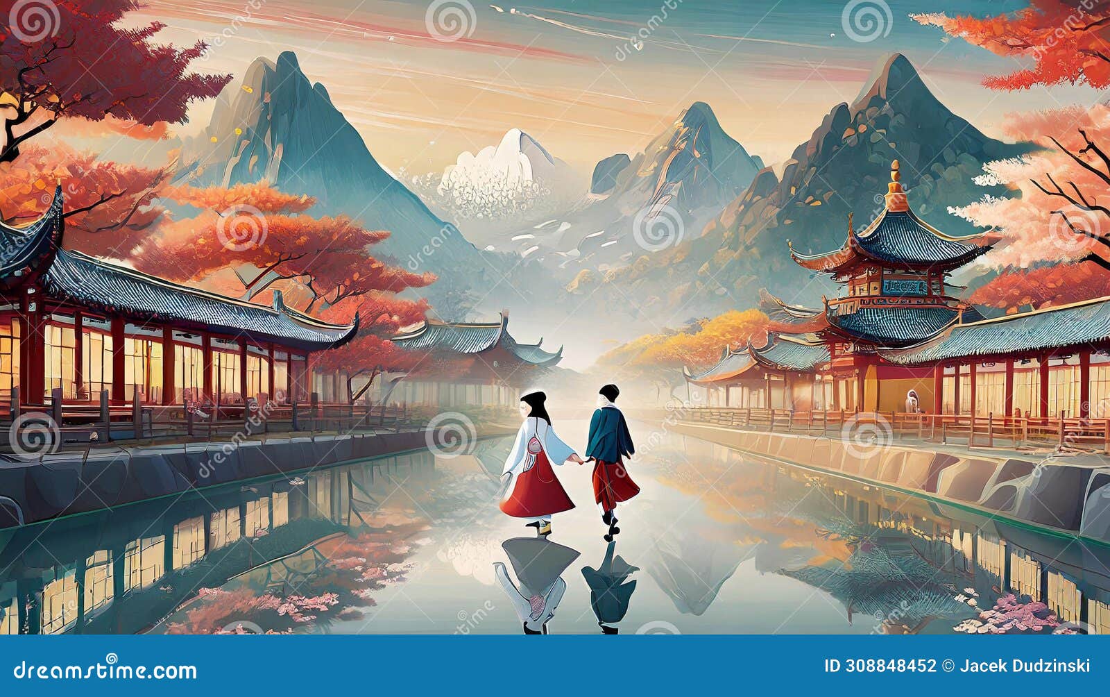 Chinese Style Fantasy Scenes People Walking Stock Illustration ...