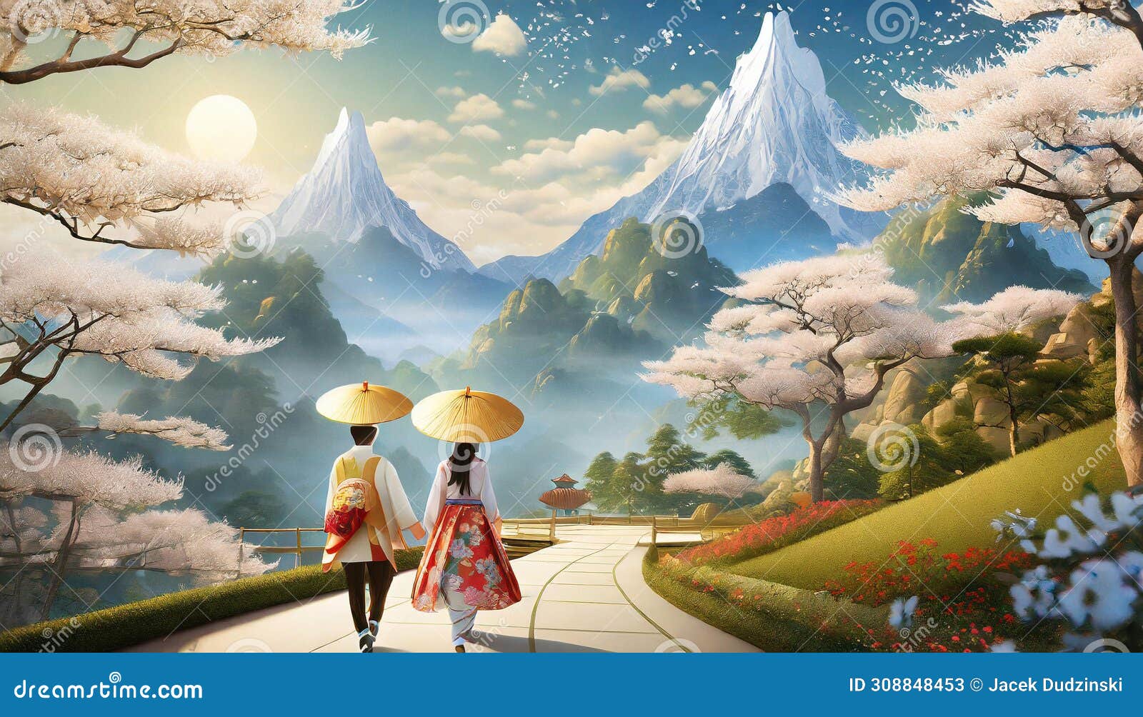Chinese Style Fantasy Scenes People Walking Stock Illustration ...