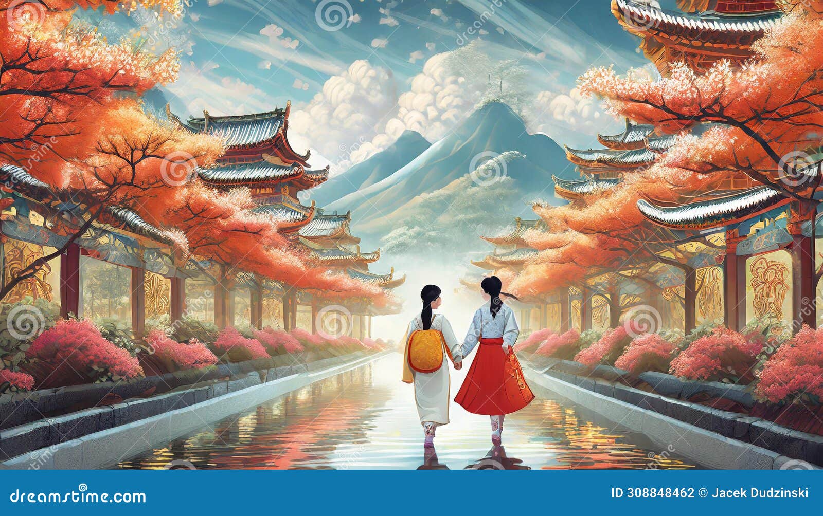 Chinese Style Fantasy Scenes People Walking Stock Illustration ...