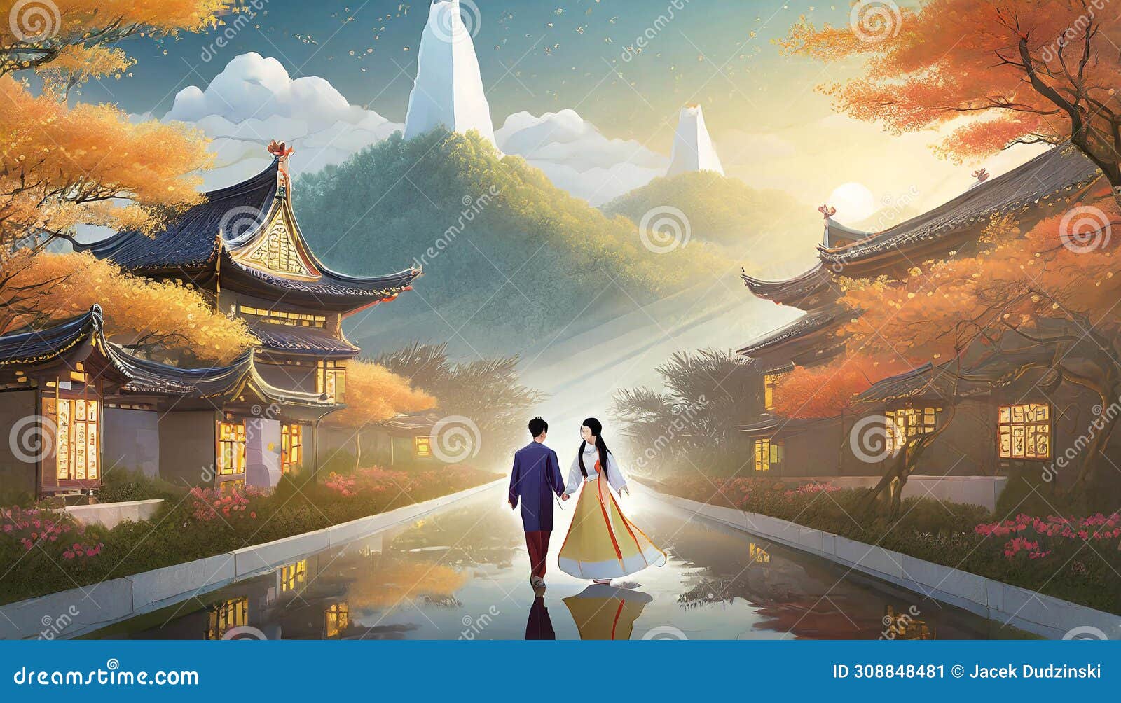 Chinese Style Fantasy Scenes People Walking Stock Illustration ...