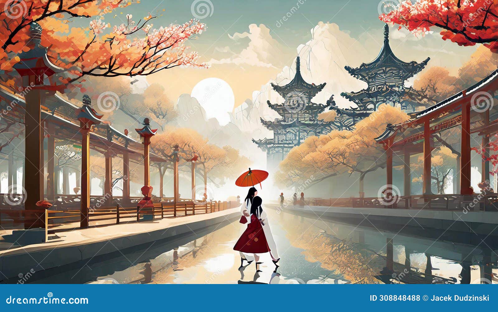 Chinese Style Fantasy Scenes People Walking Stock Illustration ...