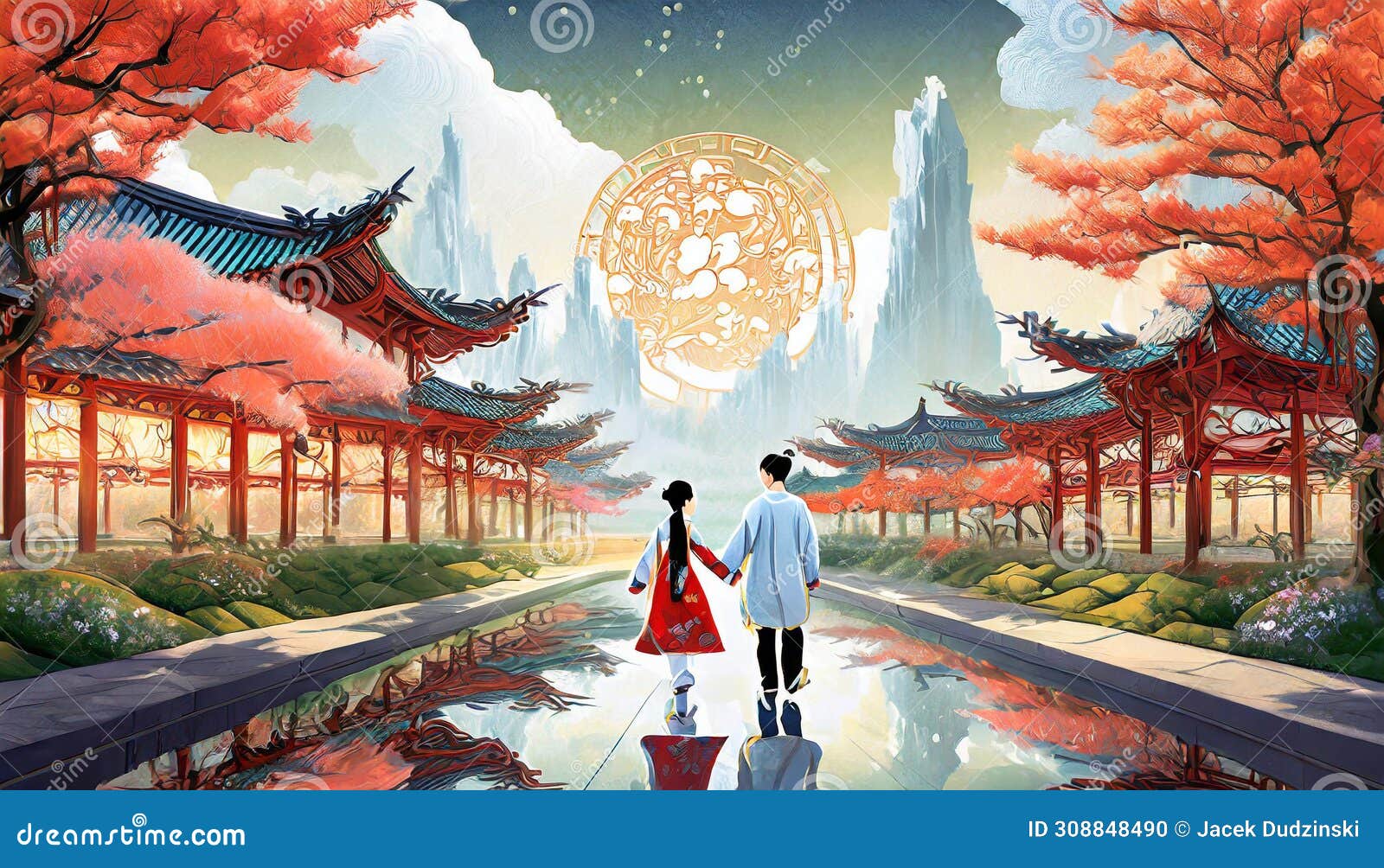 Chinese Style Fantasy Scenes People Walking Stock Illustration ...