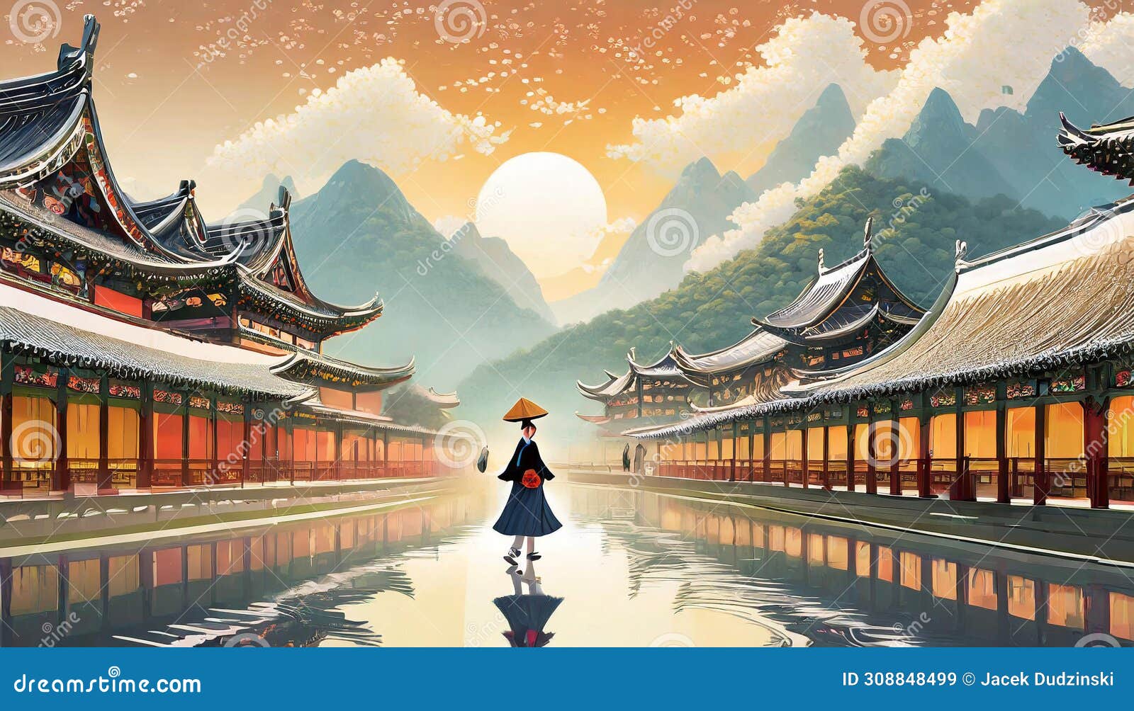 Chinese Style Fantasy Scenes People Walking Stock Illustration ...