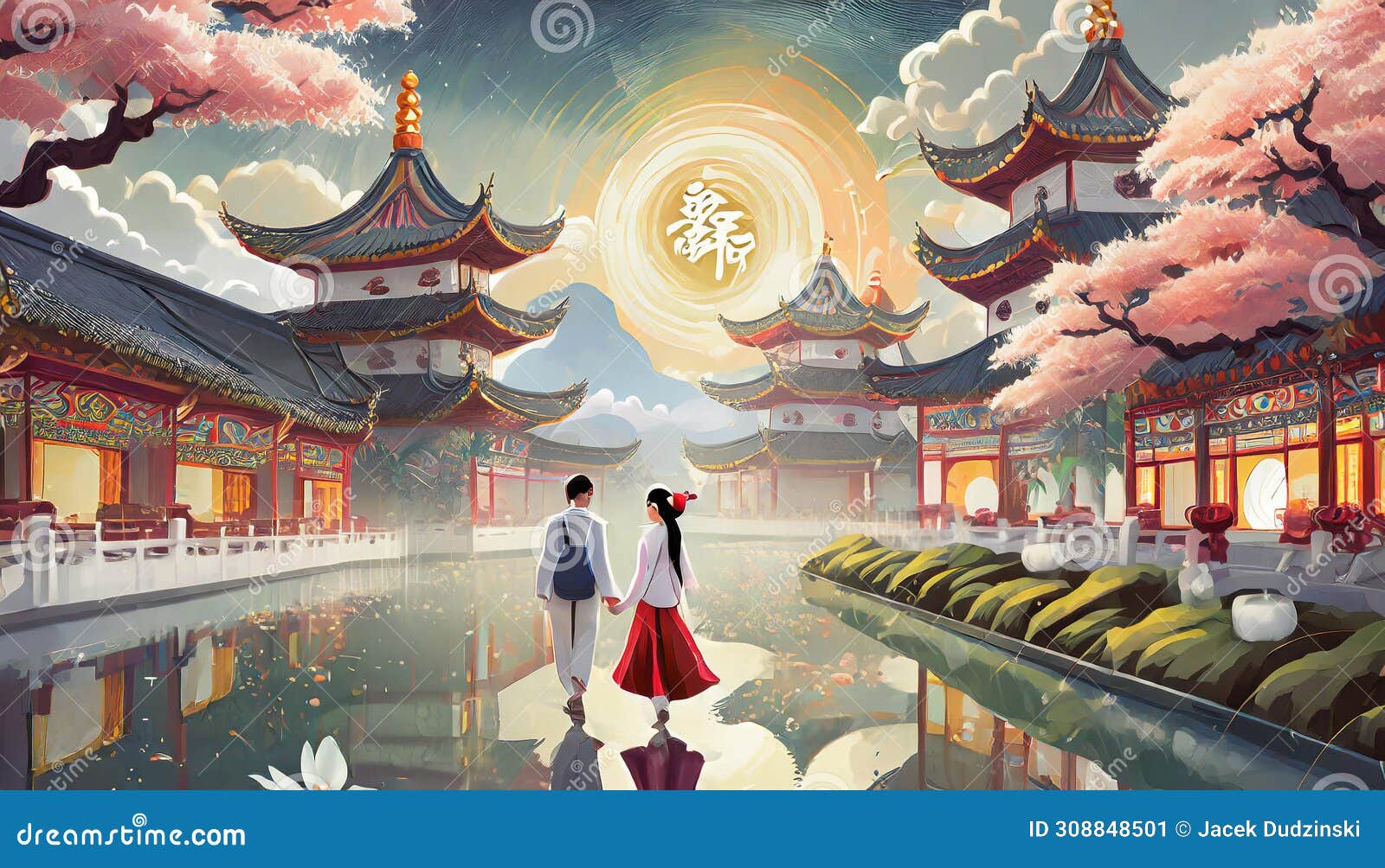 Chinese Style Fantasy Scenes People Walking Stock Illustration ...