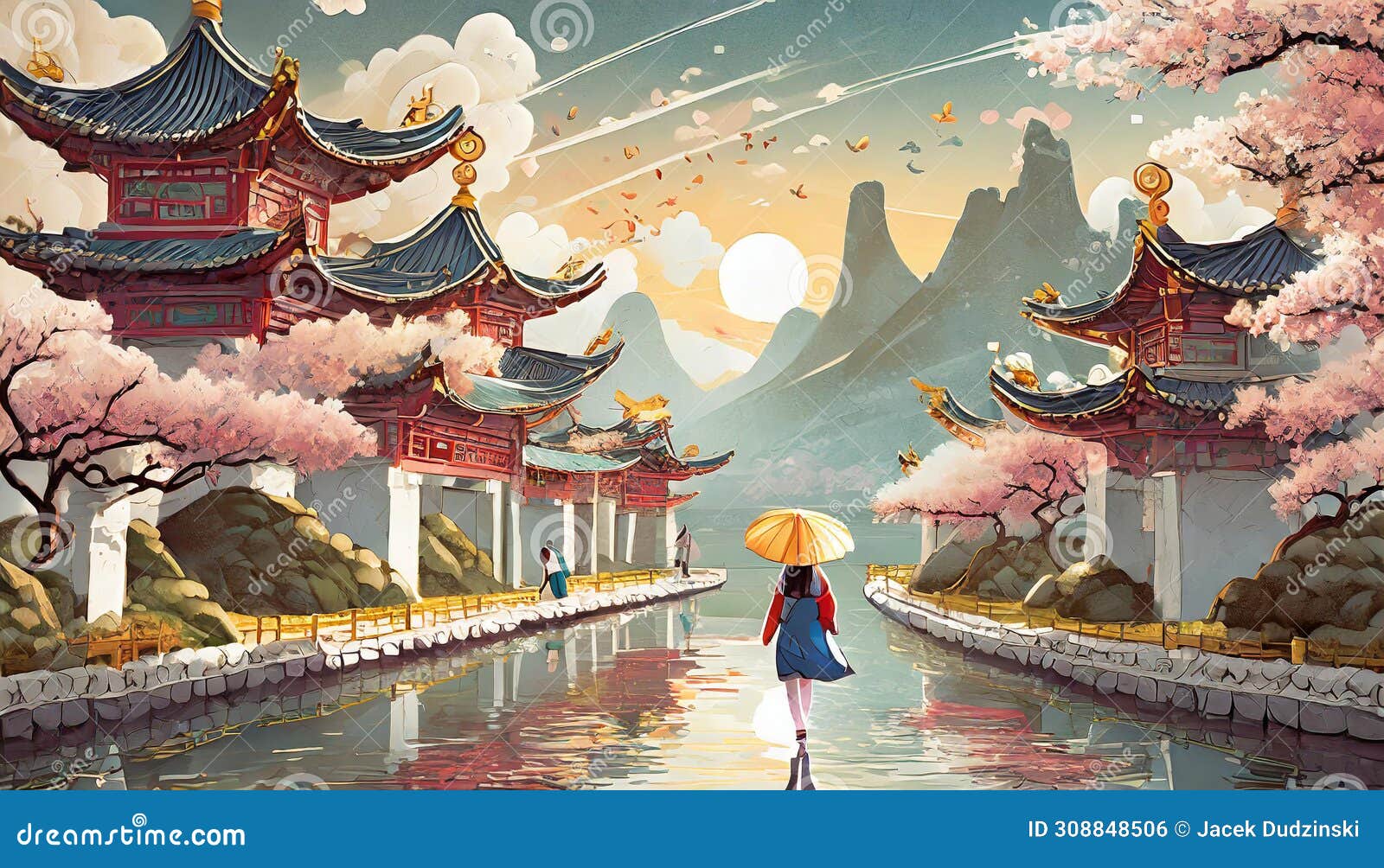 Chinese Style Fantasy Scenes People Walking Stock Illustration ...