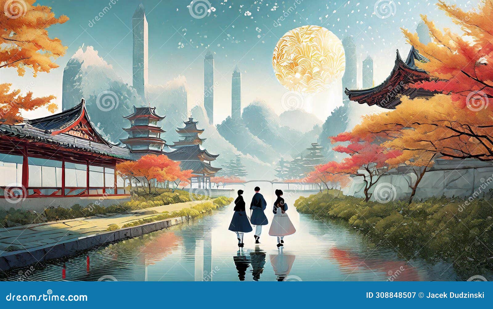 Chinese Style Fantasy Scenes People Walking Stock Illustration ...