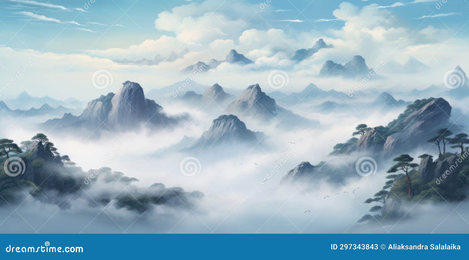 Chinese Style Pattern, Blue Sky Clouds and Mountains Background Stock ...