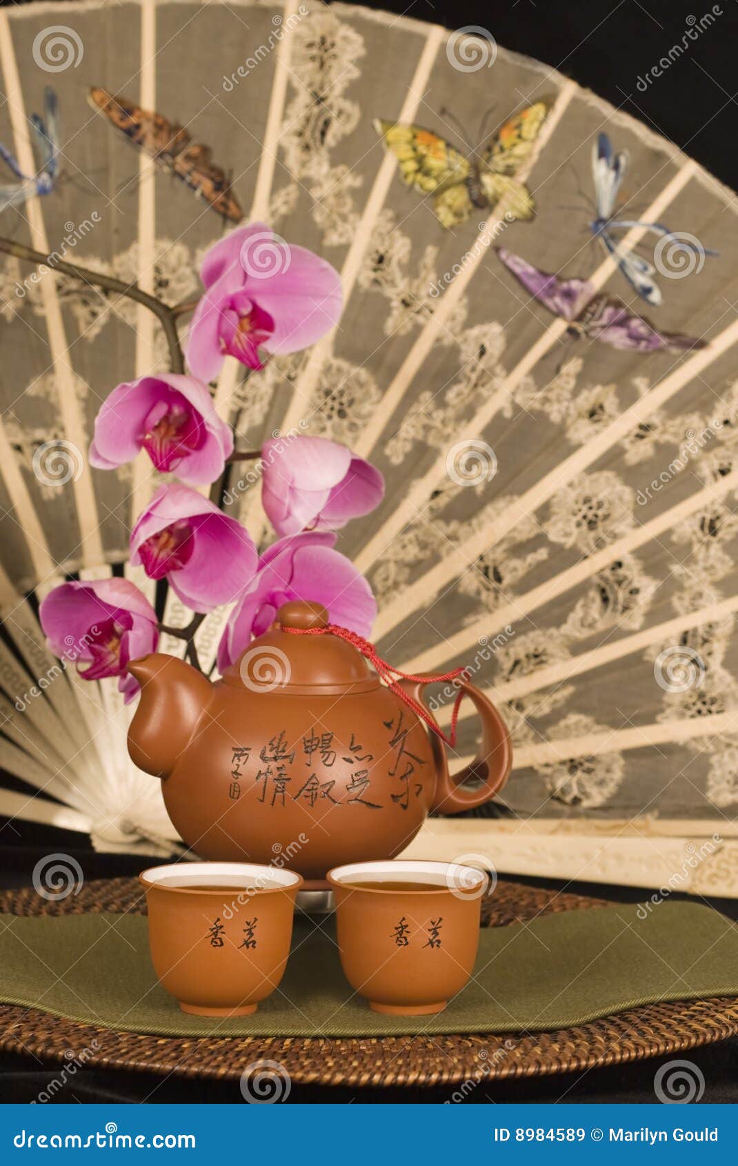 Chinese Teapot and Antique Fan Stock Image - Image of lace, orchids ...
