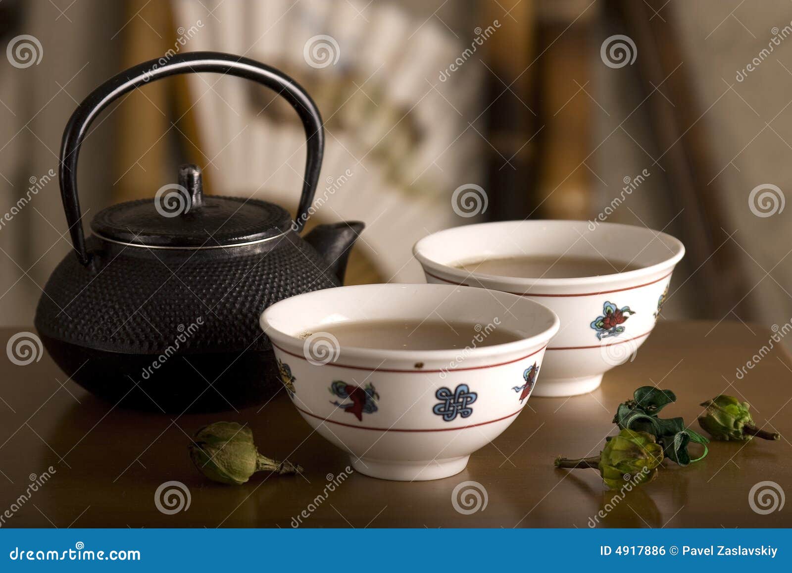 The Chinese Teapot, Two Cups and Fruit on Table. Stock Photo - Image of ...