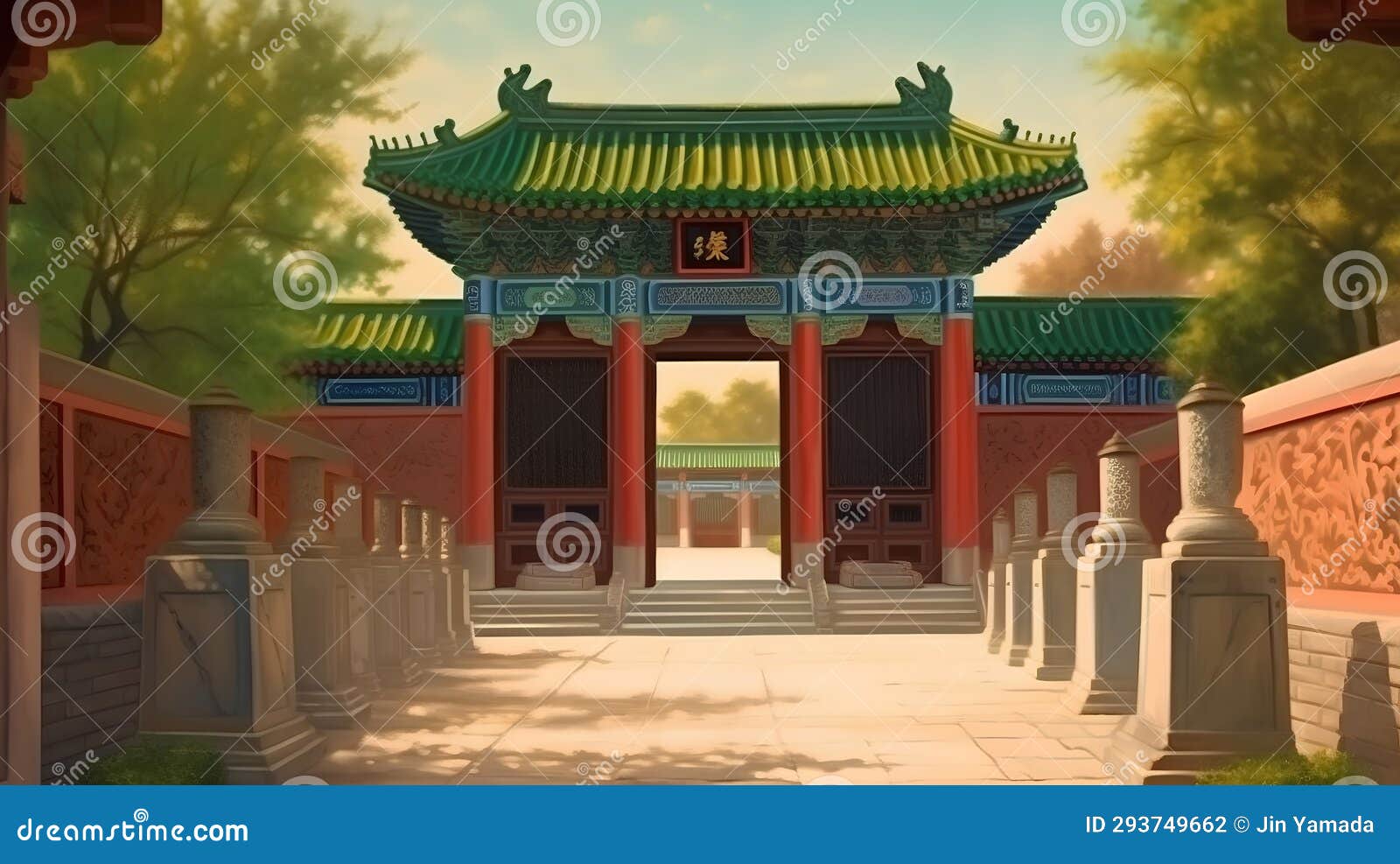 Chinese Temple Entrance Gate in the Park. 3d Render Illustration Stock ...