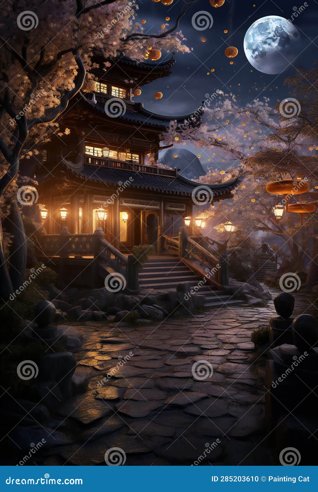 Chinese Temple with Full Moon and Cherry Blossom, Stock Illustration ...