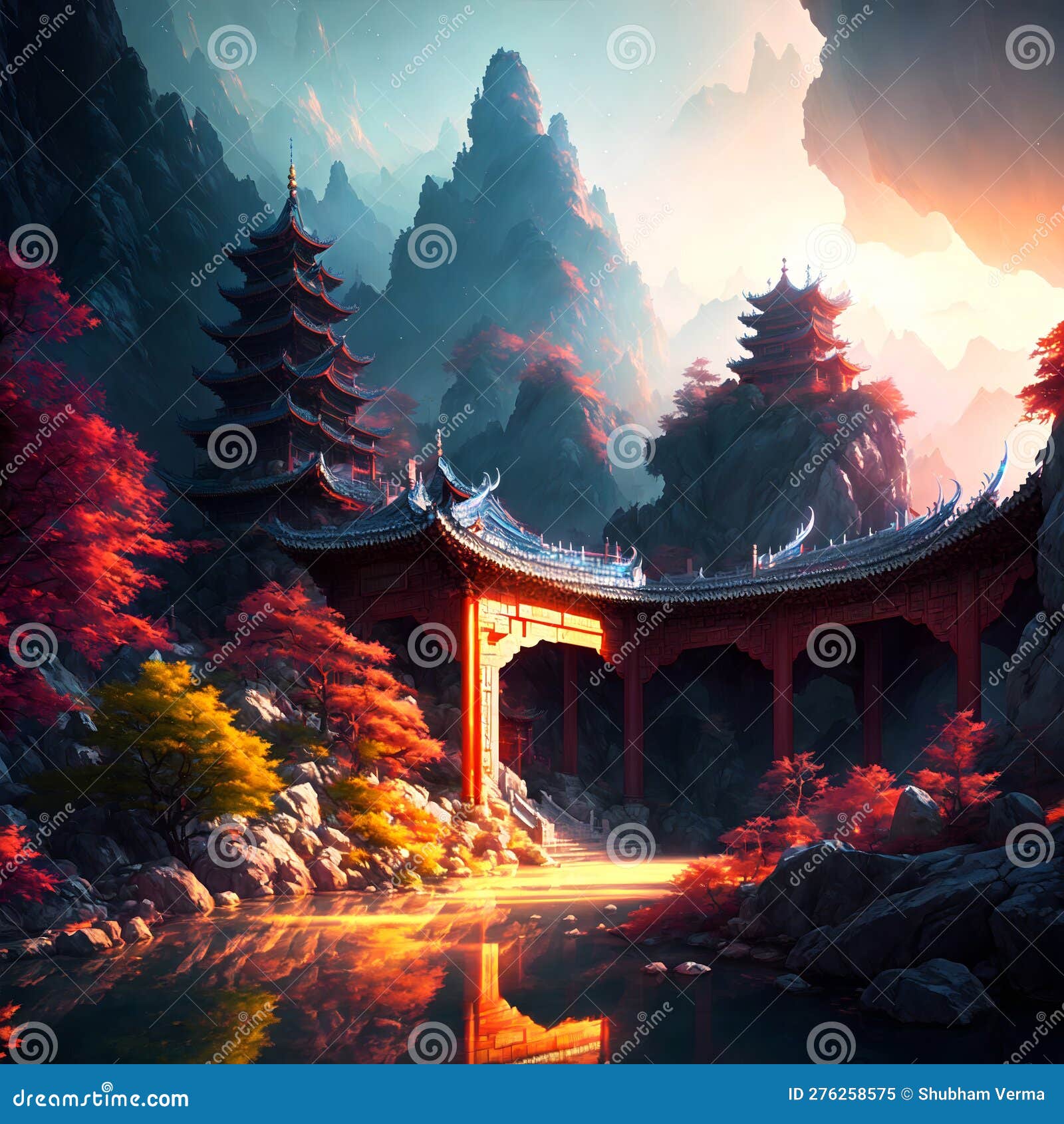 Chinese Temple Landscape with Forest and Mountains in the Background ...