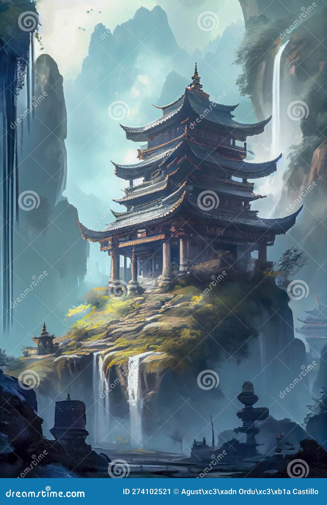 Chinese Temple Next To a Large Waterfall. Ia Generative. Stock ...