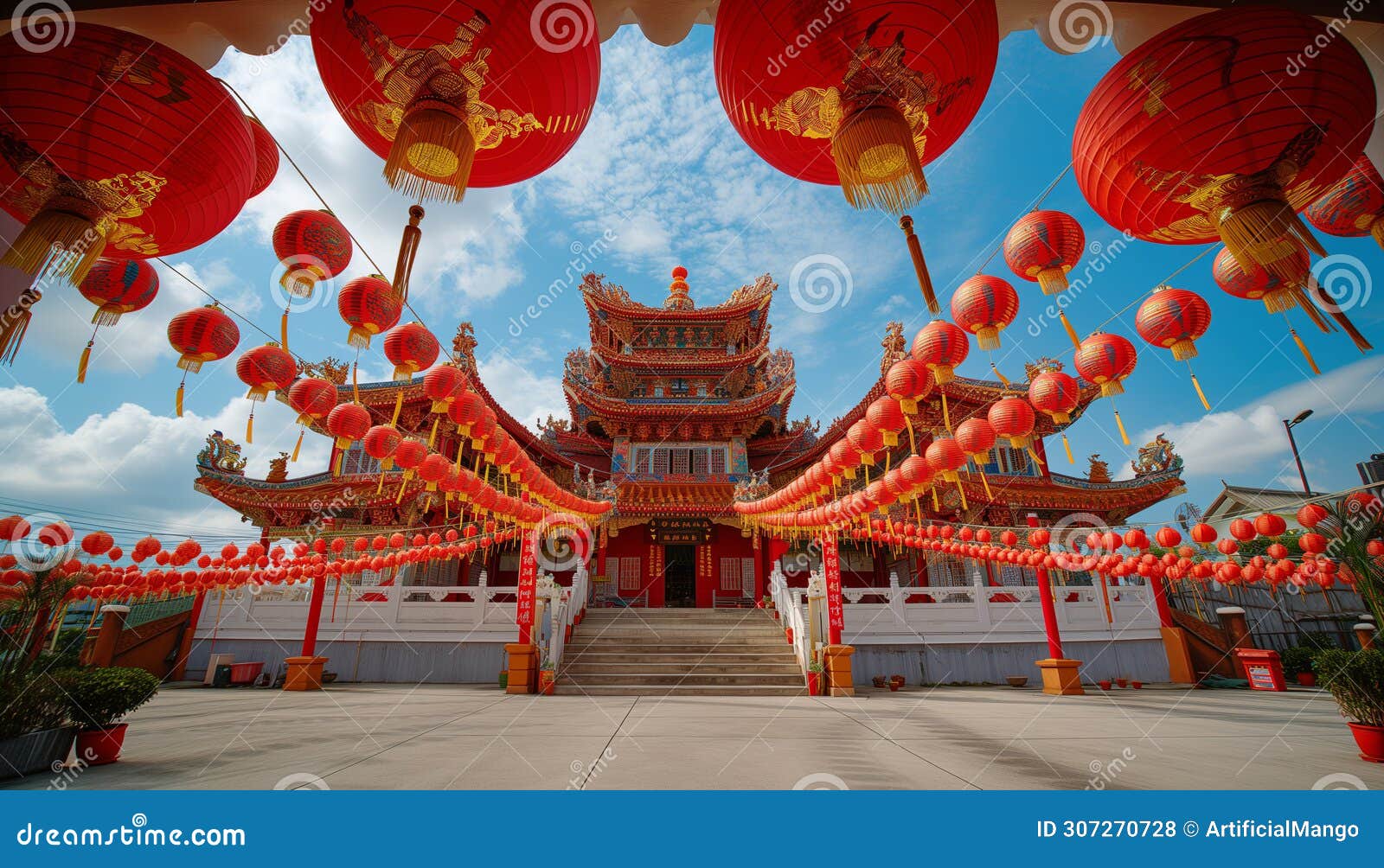 Chinese Temple with Red Lanterns. AI Generated Stock Illustration ...