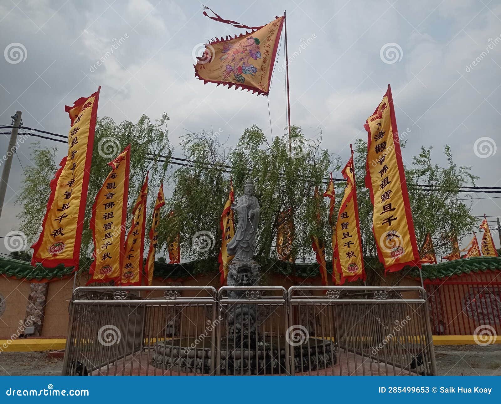 Chinese Temple Stone Statue Windy Flag Stock Image - Image of temple ...